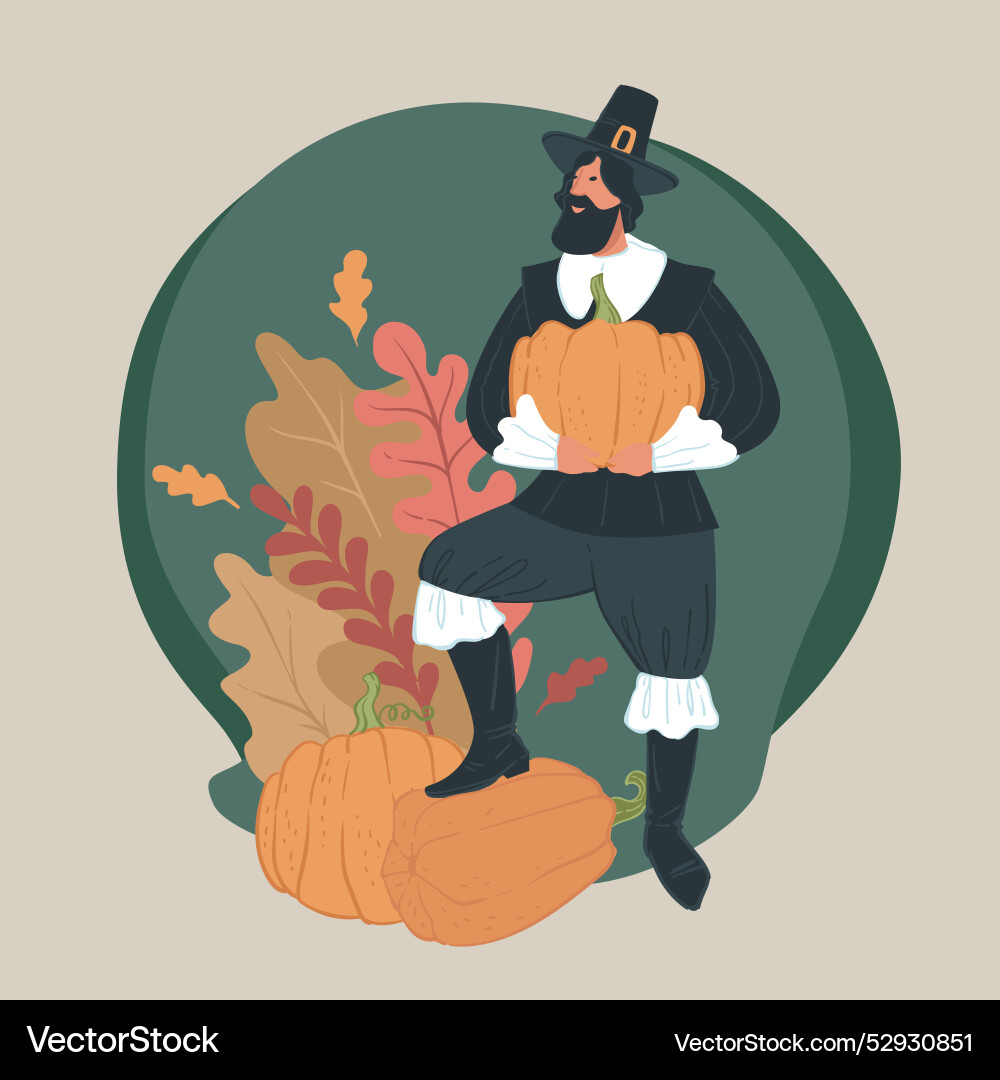 Pilgrim with pumpkin thanksgiving Royalty Free Vector Image