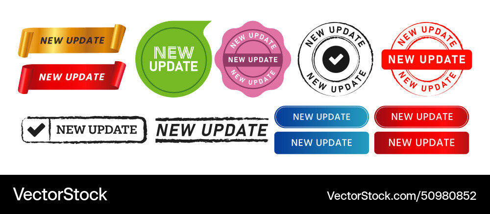 New update stamp ribbon speech bubble and button Vector Image