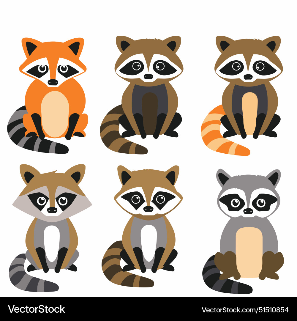 Collection various cartoon raccoons sitting Vector Image