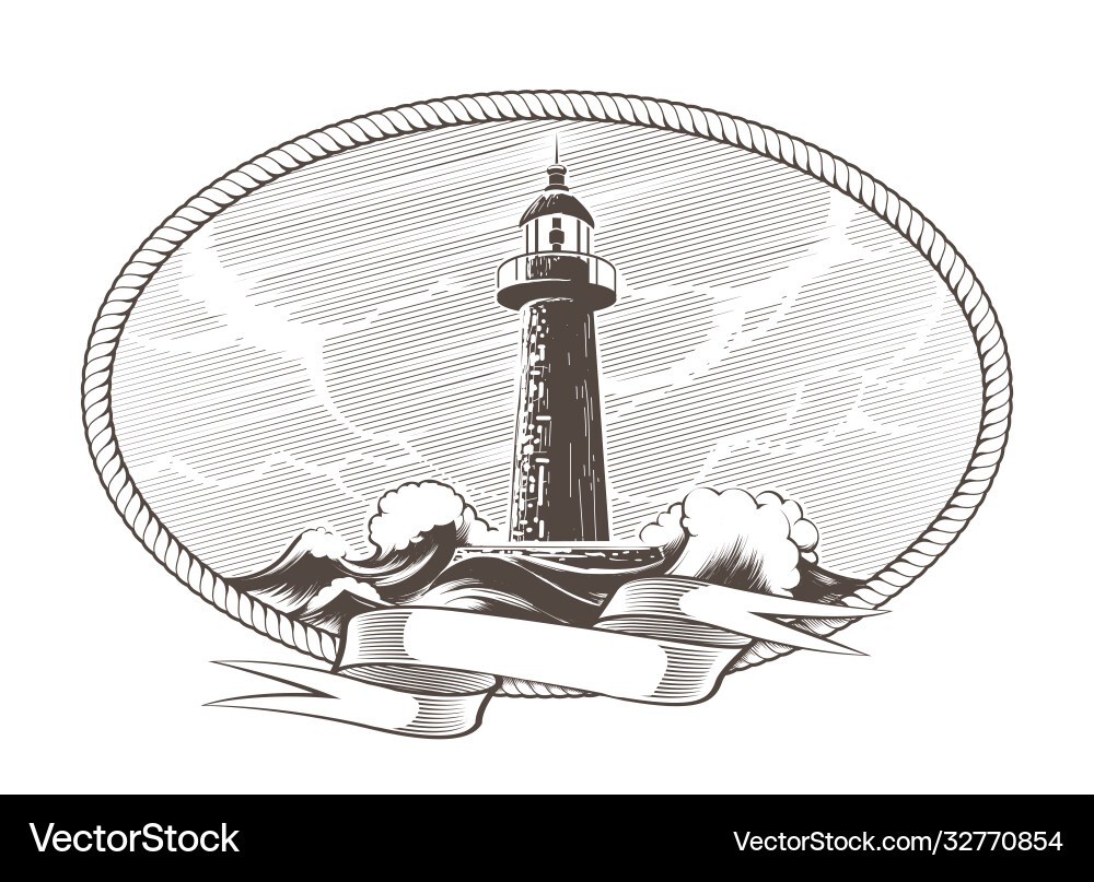 Lighthouse engraving emblem Royalty Free Vector Image
