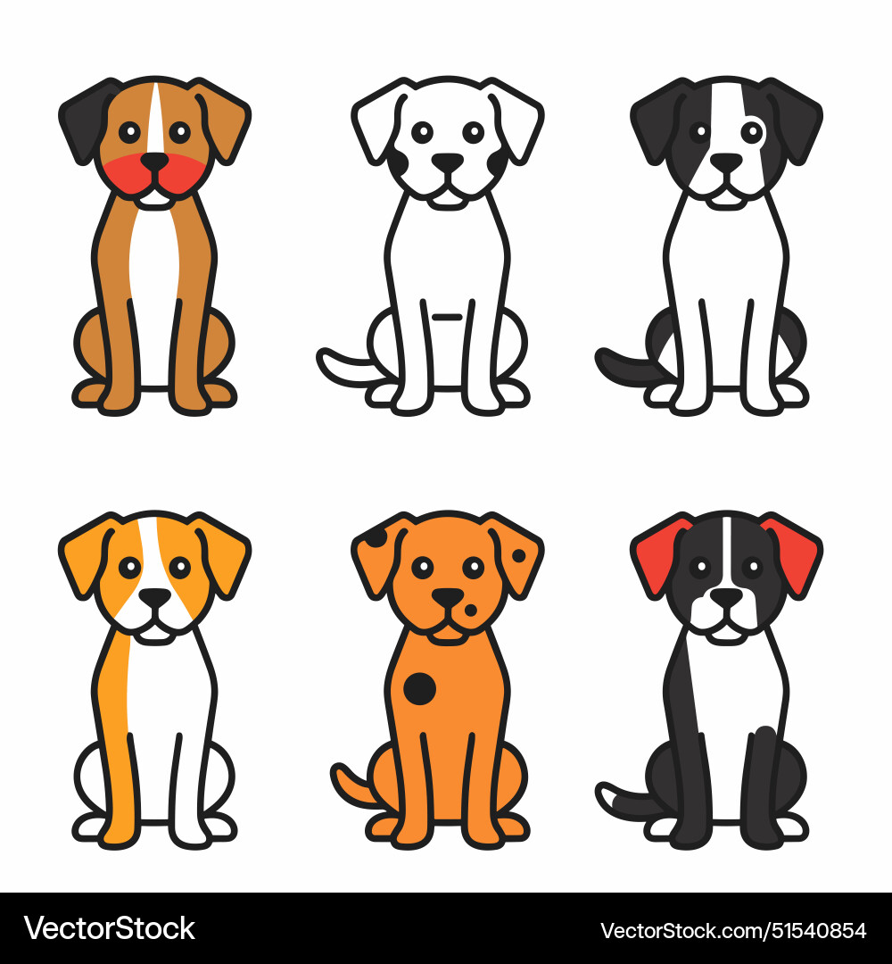 Six cartoon dogs sitting various colors Royalty Free Vector