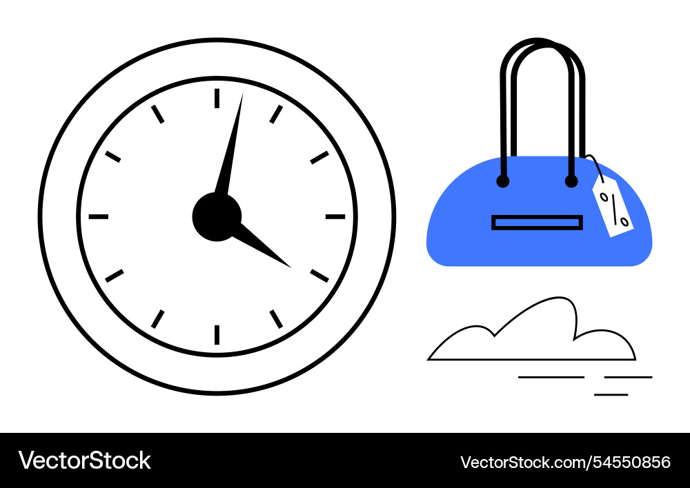 Analog clock blue handbag with price tag and Vector Image