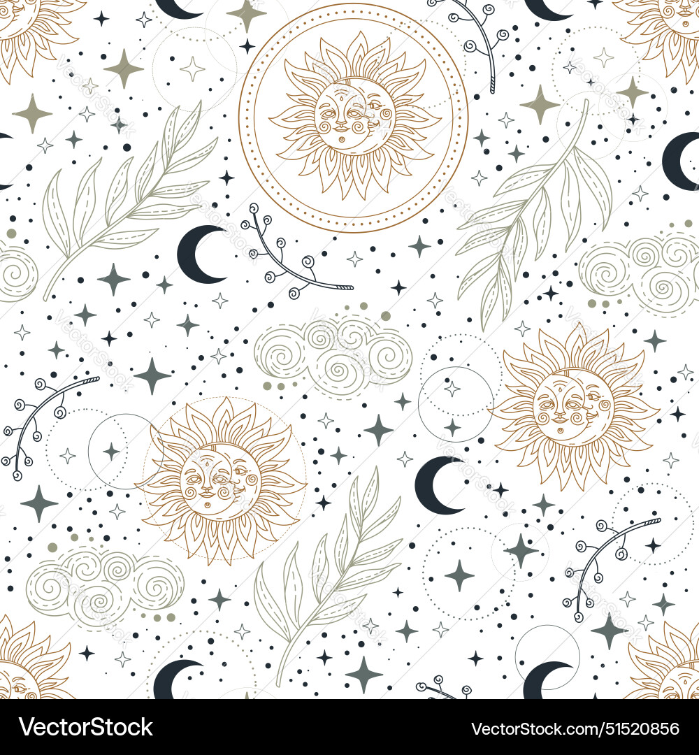 Stars plants and sun seamless pattern Royalty Free Vector