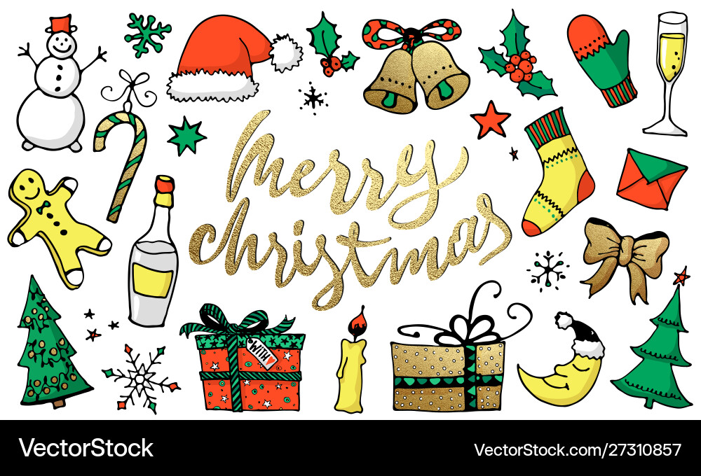 Christmas collection with hand drawn color Vector Image