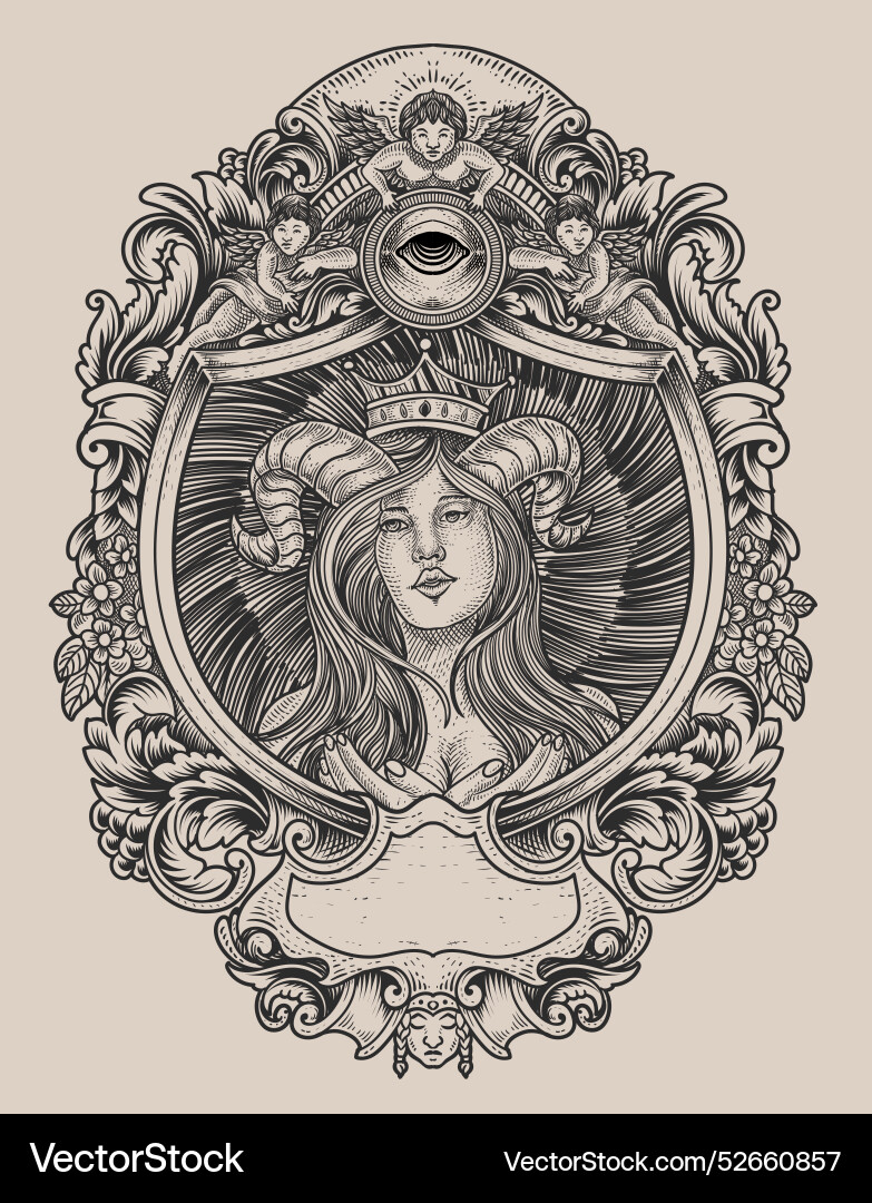 Demon girl with engraving style Royalty Free Vector Image