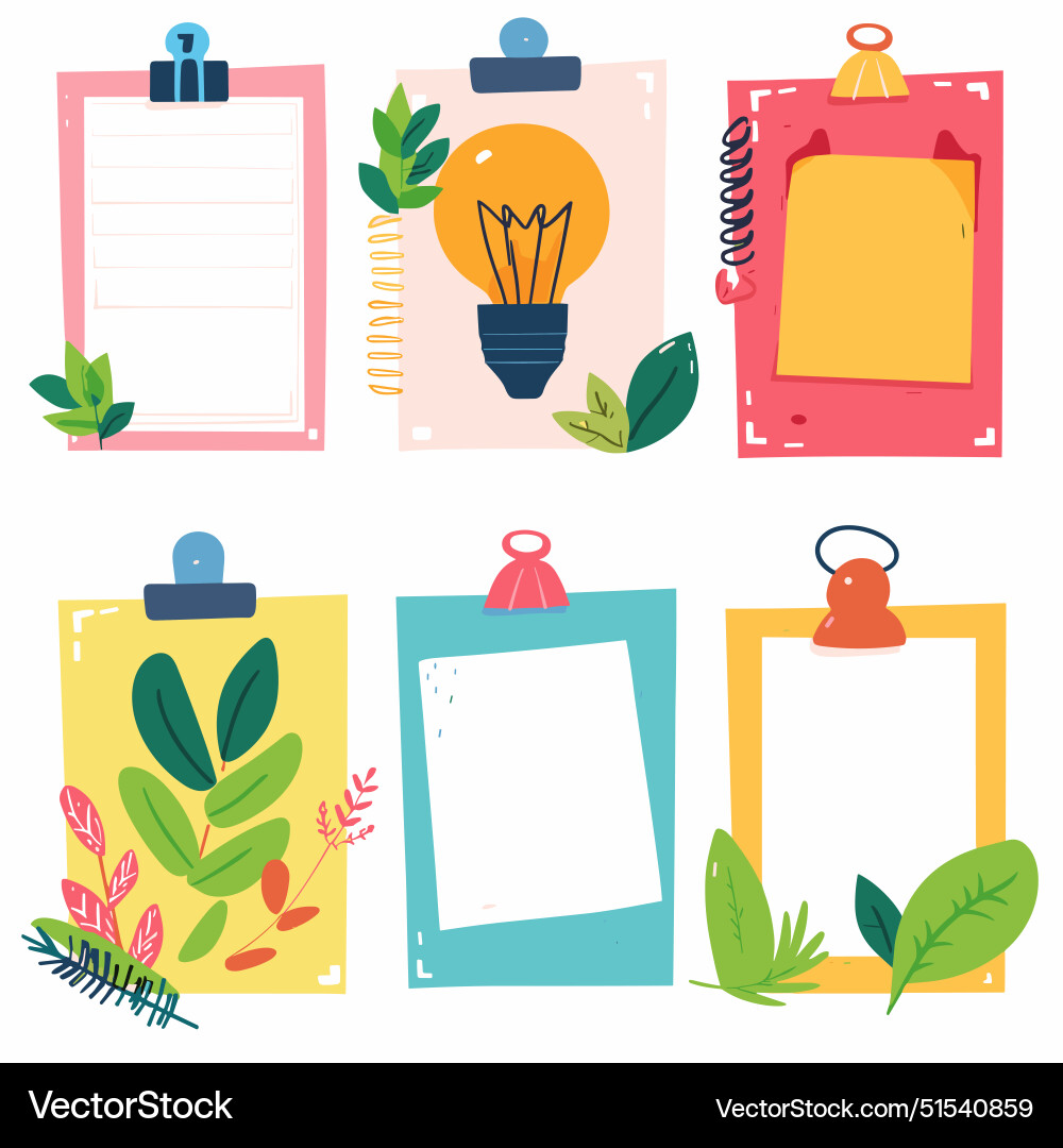 Collection colorful notes paperclip foliage Vector Image
