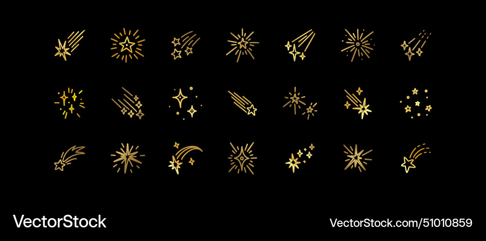 Gold stars meteors comets doodle set hand drawn Vector Image