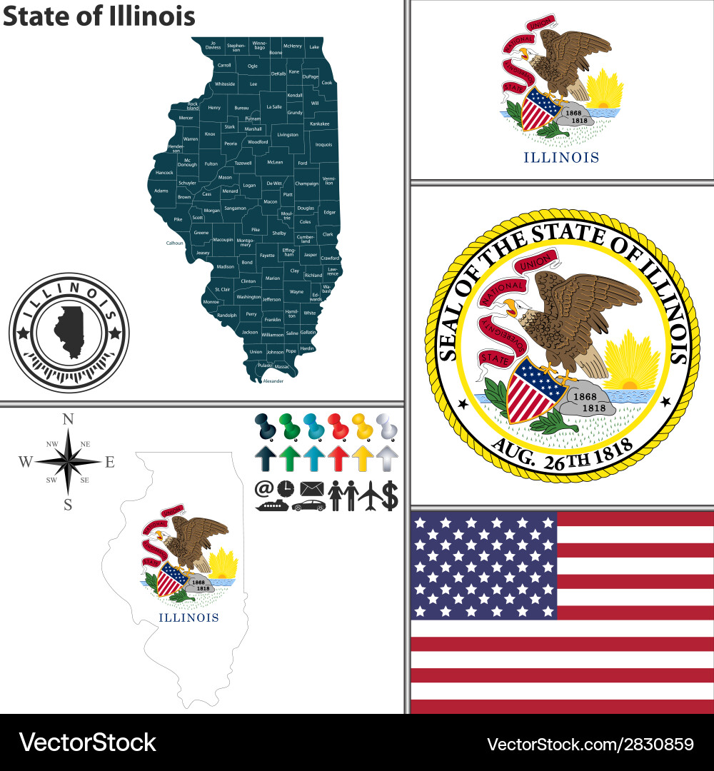 Map of illinois with seal Royalty Free Vector Image
