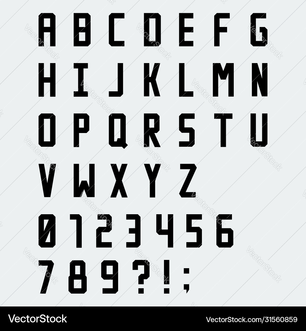 Simple black blocky font with numbers Royalty Free Vector