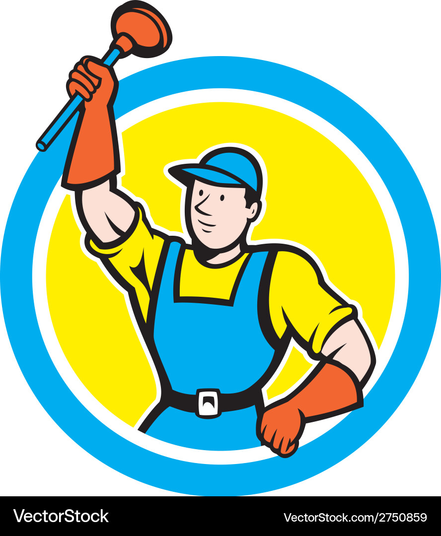 Super plumber with plunger circle cartoon Vector Image
