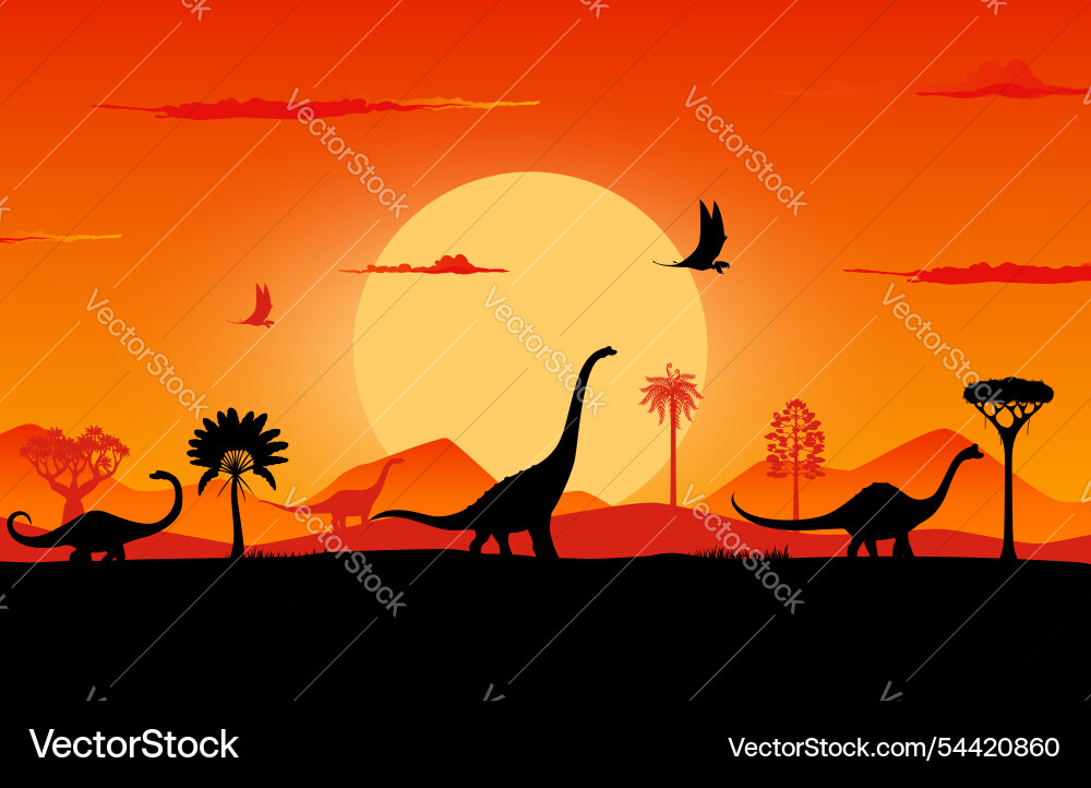 Dinosaurs sunset silhouette landscape background Vector Image