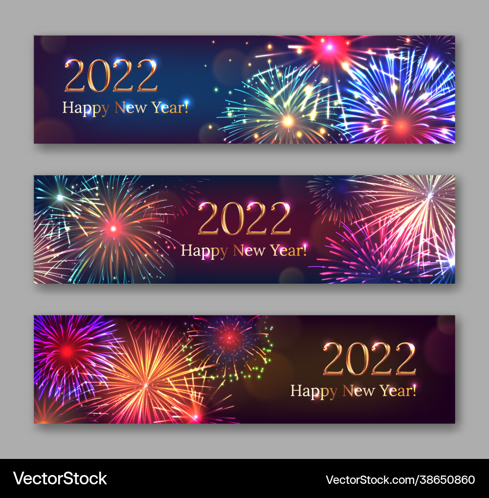 Happy new year banners set with fireworks bursting