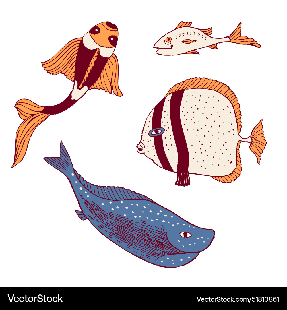 Marine fish set in retro style Royalty Free Vector Image