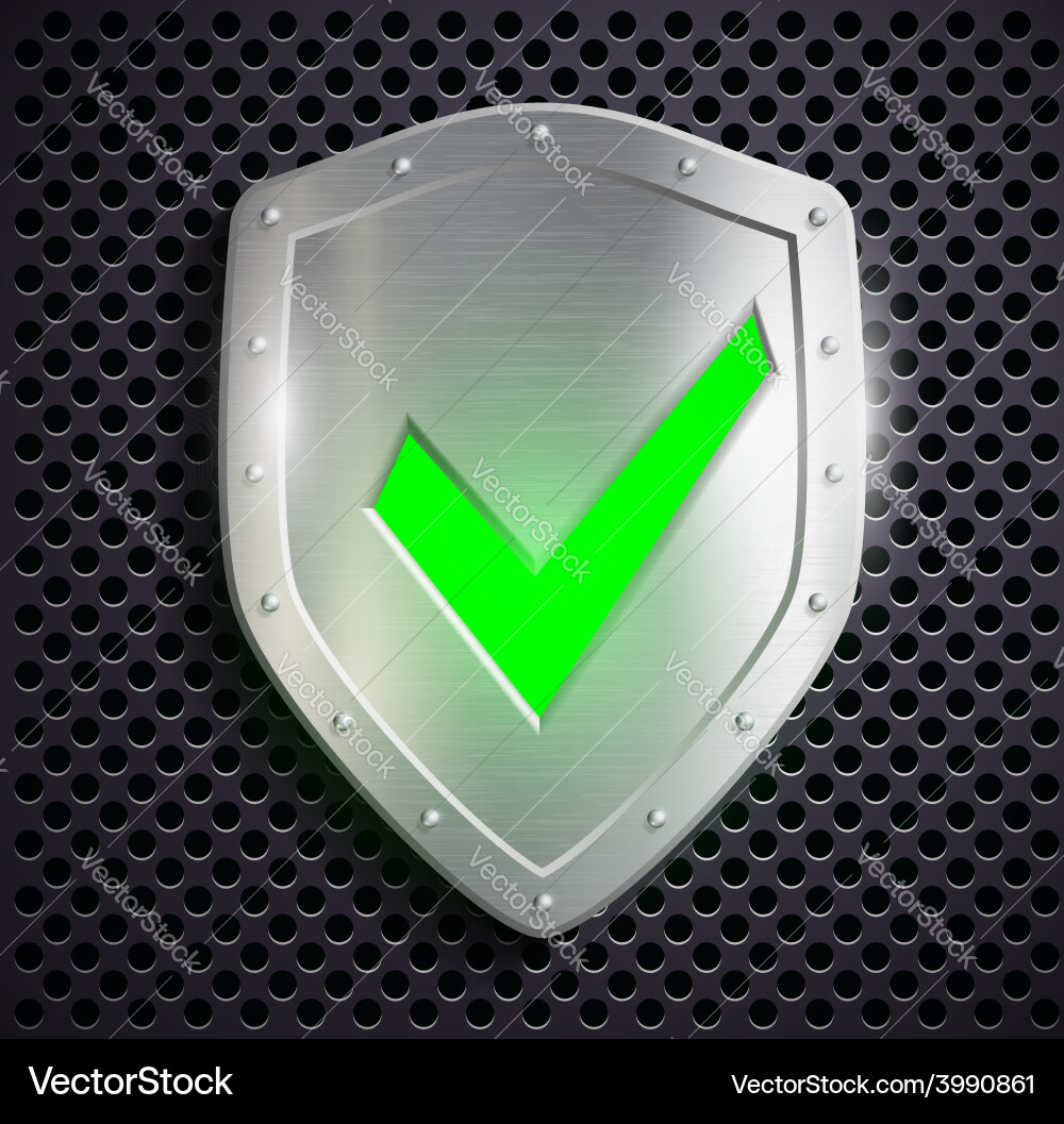 Metal shield with green tick Royalty Free Vector Image