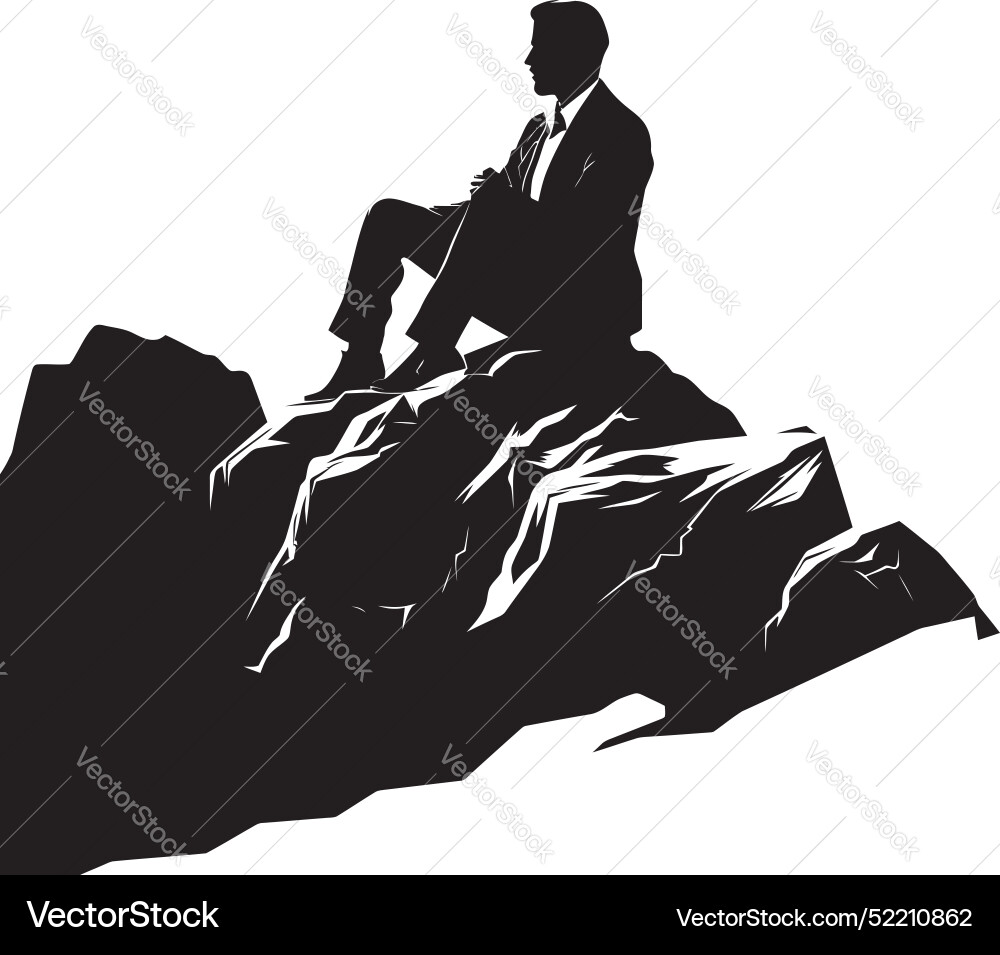 Peak perch tranquil seated man on rocky outcrop Vector Image