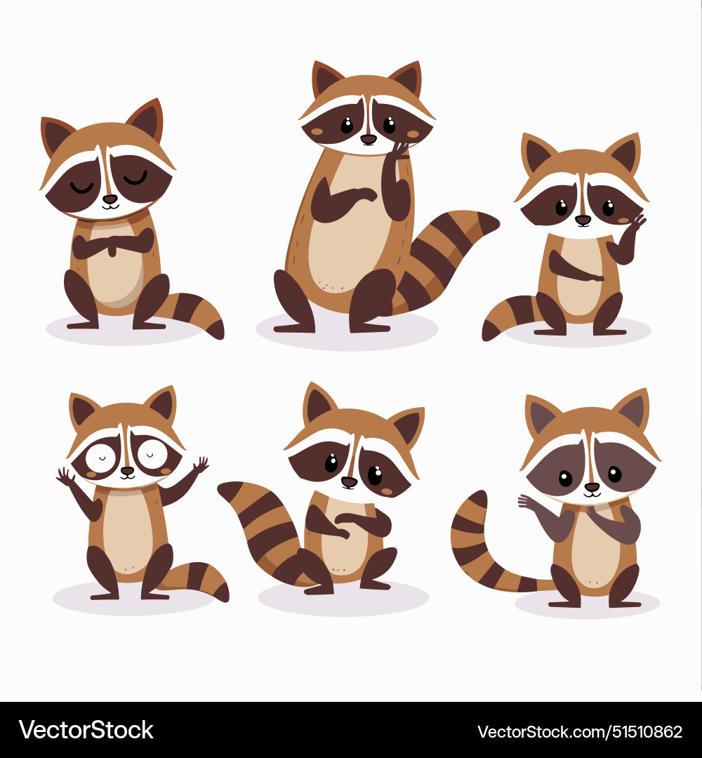 Six cute cartoon raccoons showcasing different Vector Image