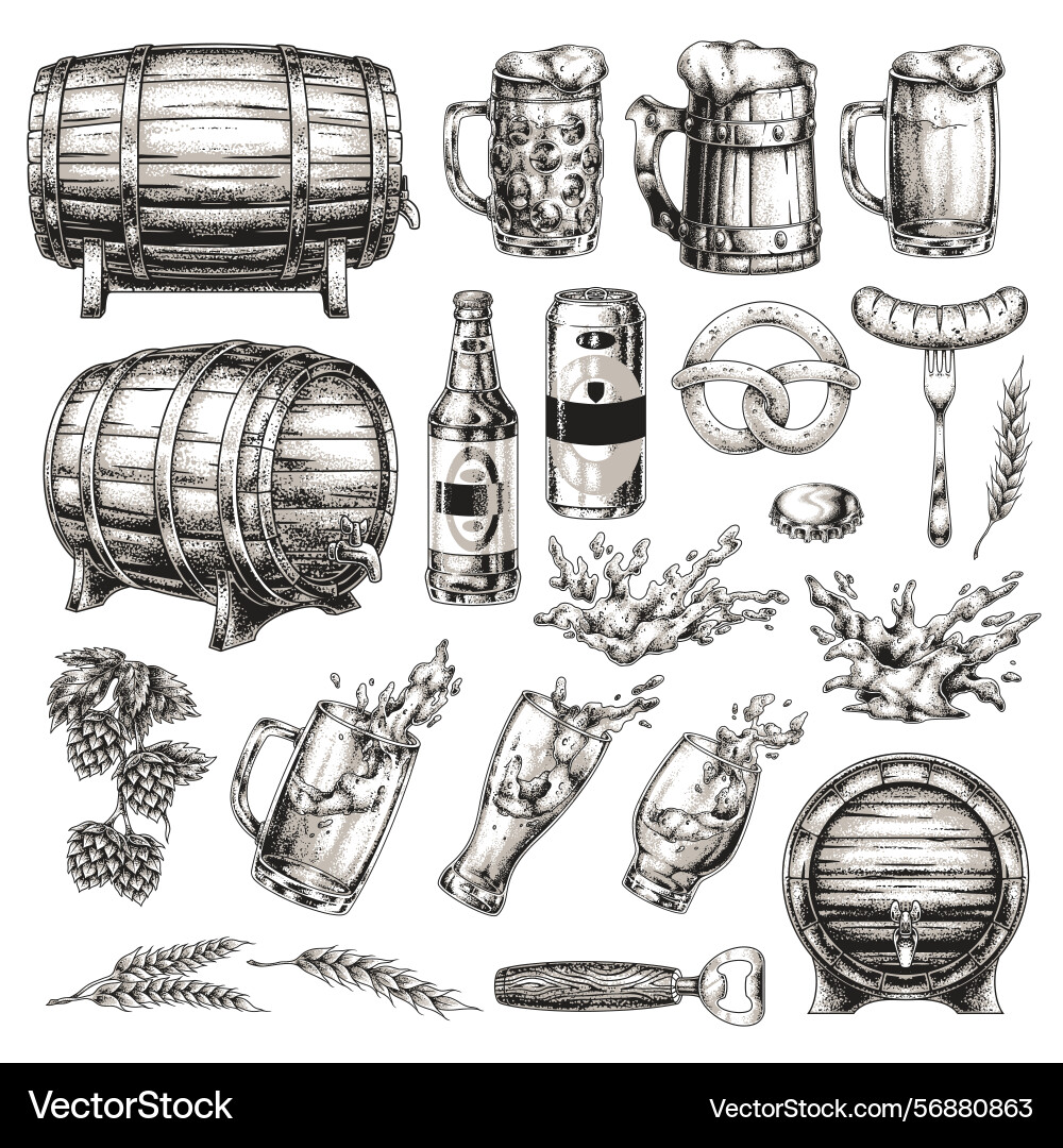 Variety of beers and brewing elements shown Vector Image