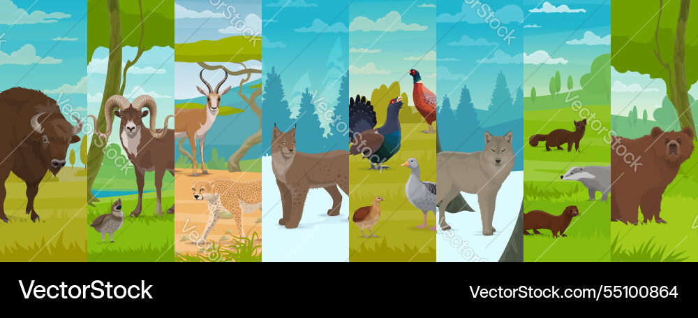 Hunted forest animals and birds characters collage