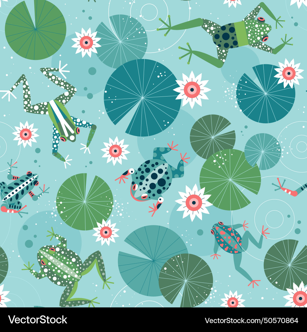 Swimming frogs pattern with toads on lily pond Vector Image