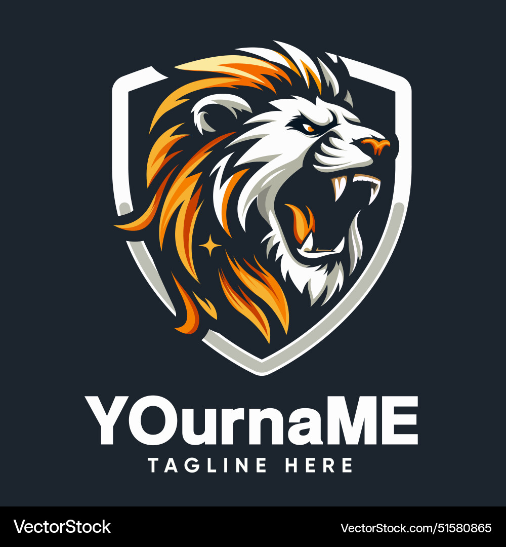 Angry roaring lion head with shield logo design Vector Image