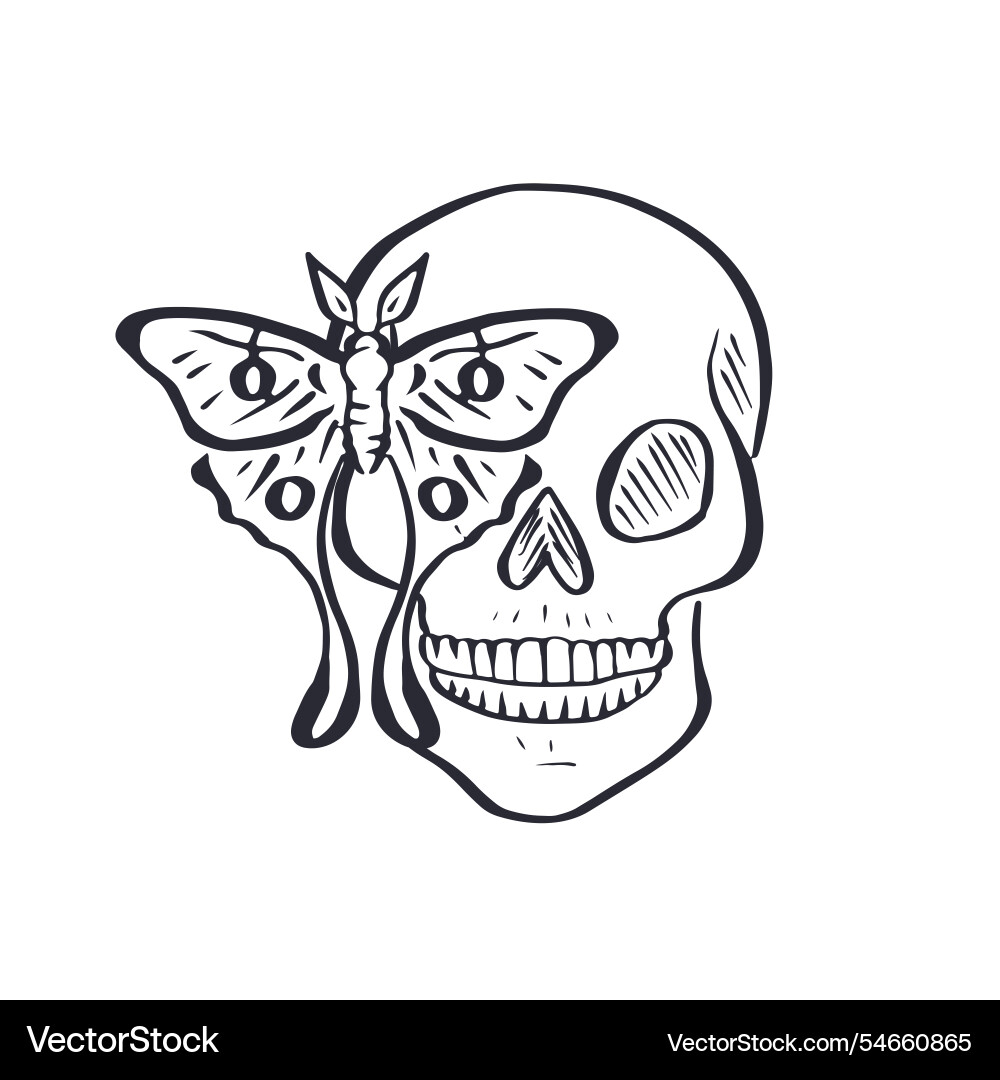 Hand drawn black and white human skull with luna Vector Image