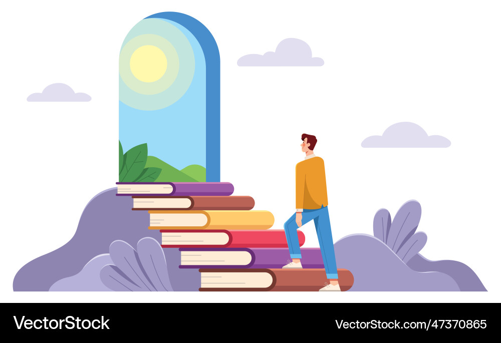 Man climbing book stairs on white Royalty Free Vector Image