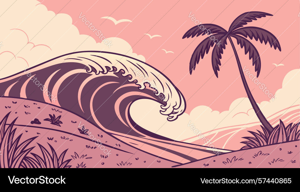 Pink Tsunami Welle auf tropischem Strand surreal Vektorbild