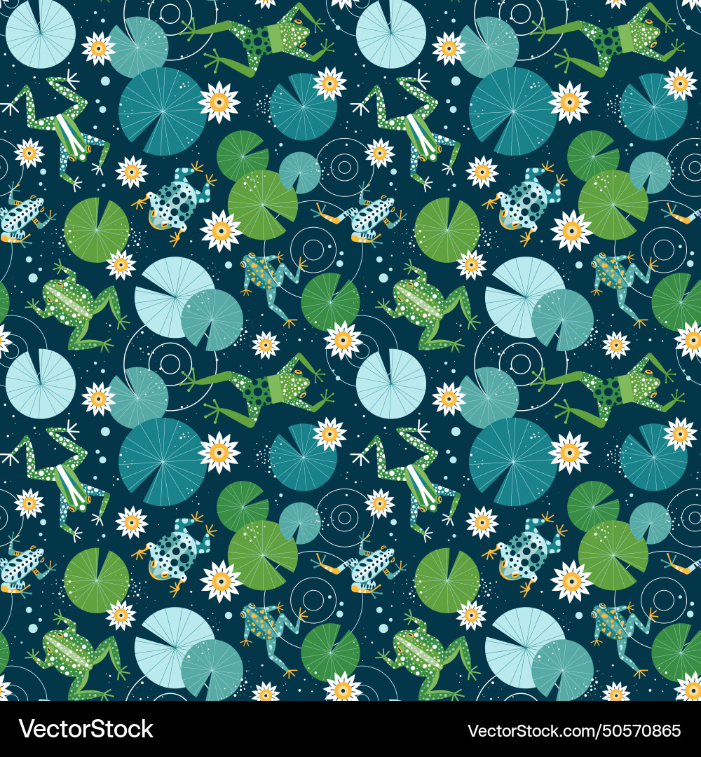 Swimming frogs pattern with toads on lily pond Vector Image