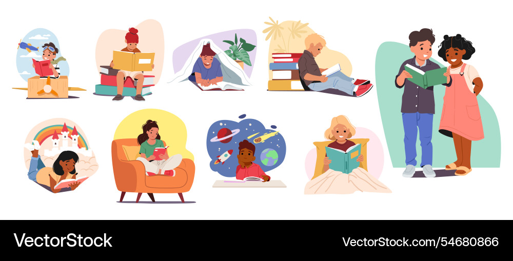 Cute smart children cartoon characters reading Vector Image