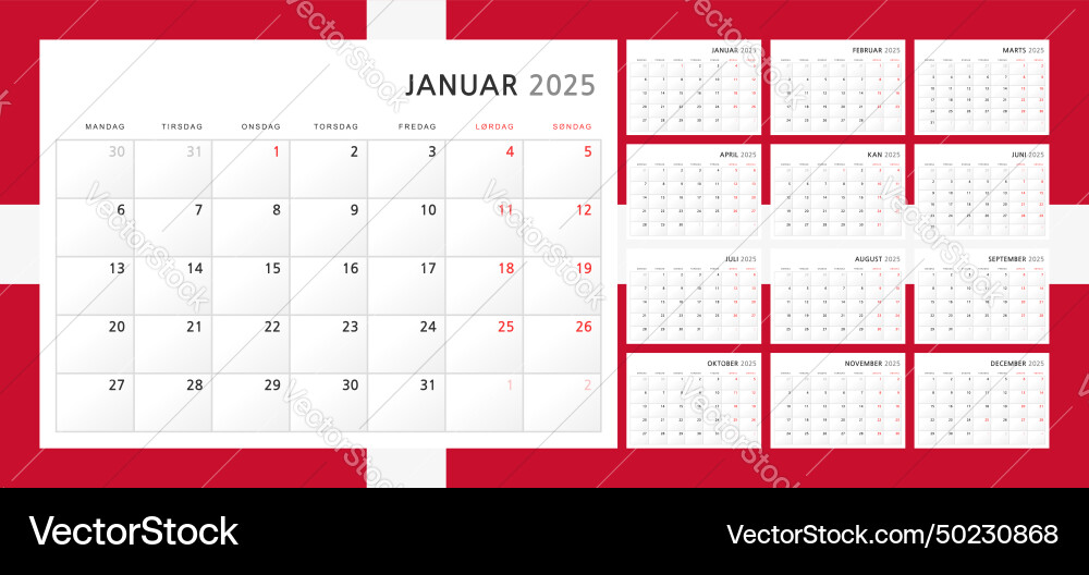 Danish Calendar 2025 - Wall Calendar Royalty Free Vector