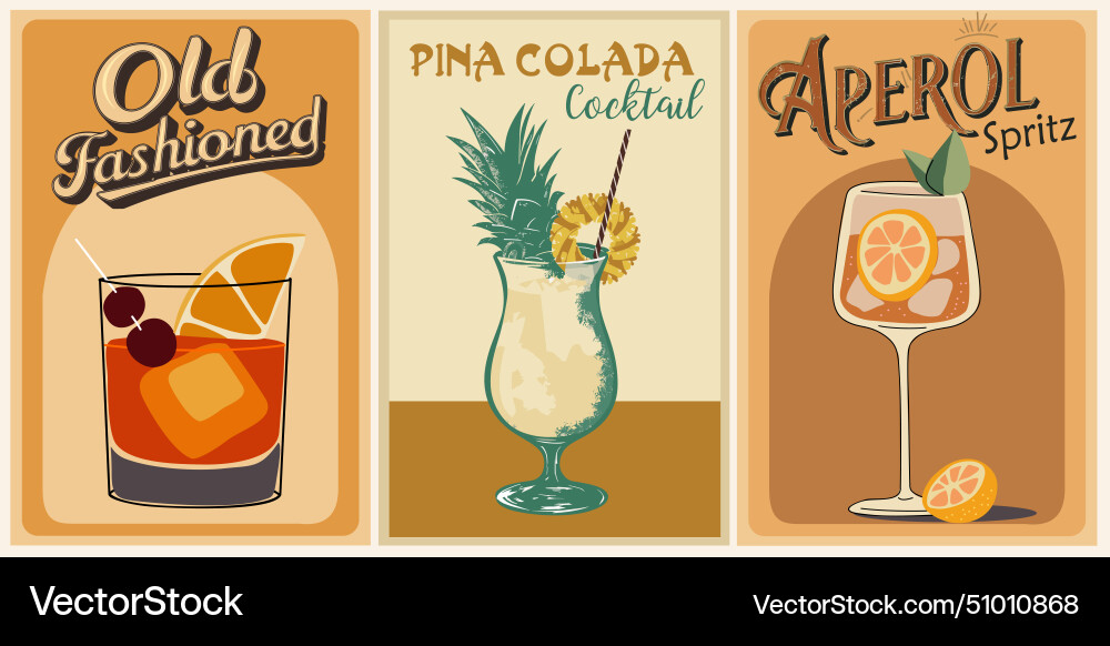Popular cocktails retro poster art set Royalty Free Vector