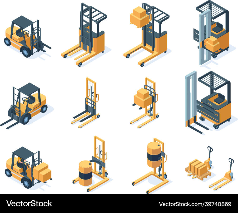 Isometric warehouse hydraulic cargo forklift Vector Image