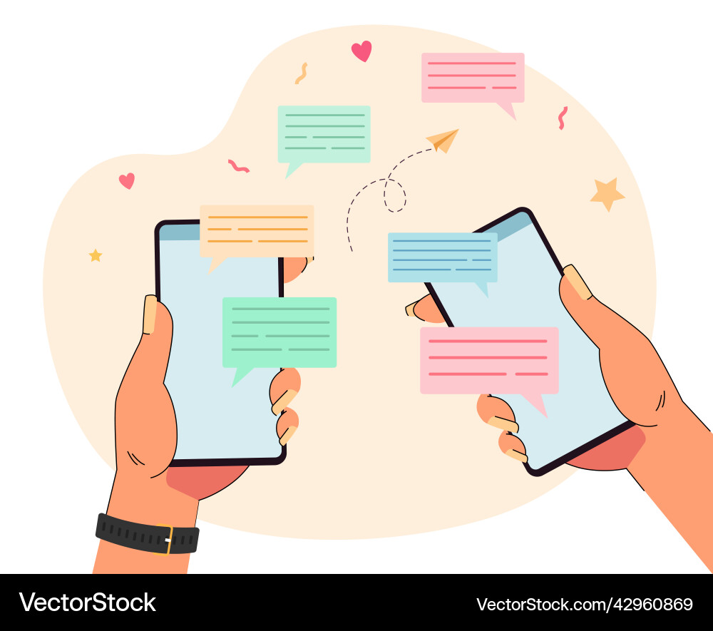 Two hands holding phones with messages in speech Vector Image