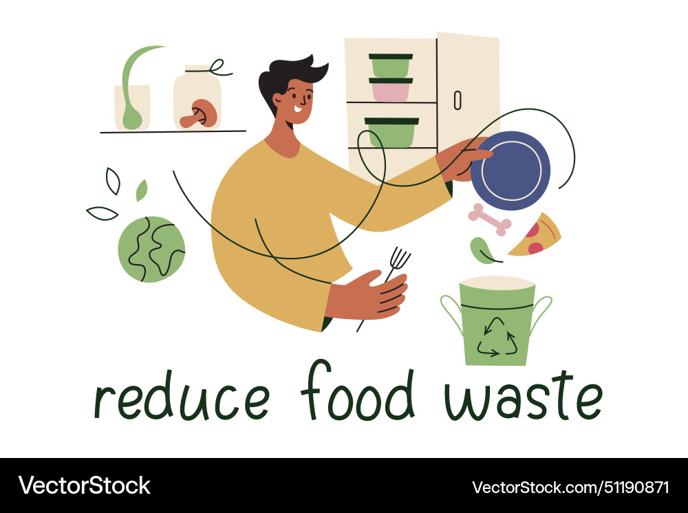 Reduce food waste poster man throwing leftovers Vector Image