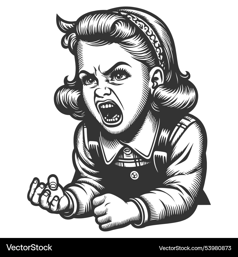 Angry little girl engraving Royalty Free Vector Image