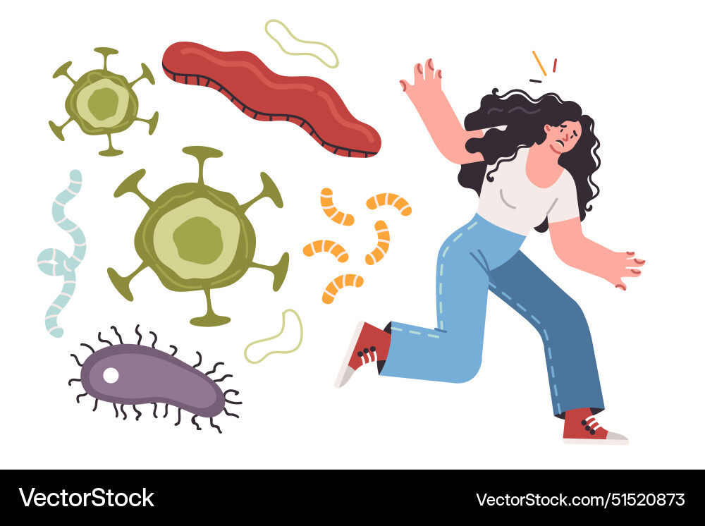 Bacteria and viruses or germs chase running woman Vector Image