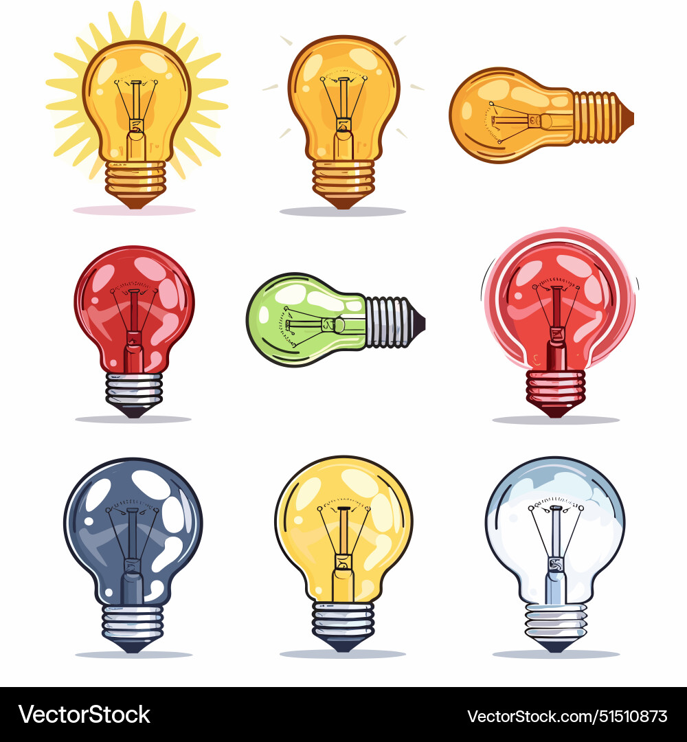 Collection colorful light bulbs cartoon style Vector Image