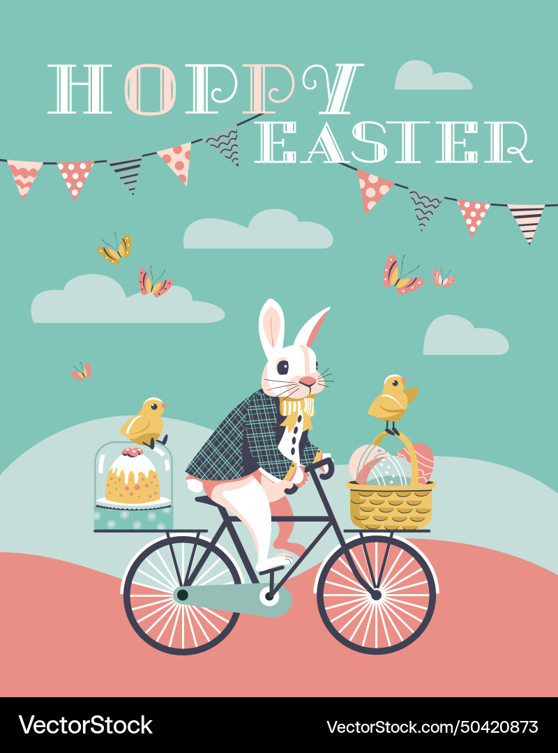 Easter bunny deliver cake and eggs festive poster Vector Image