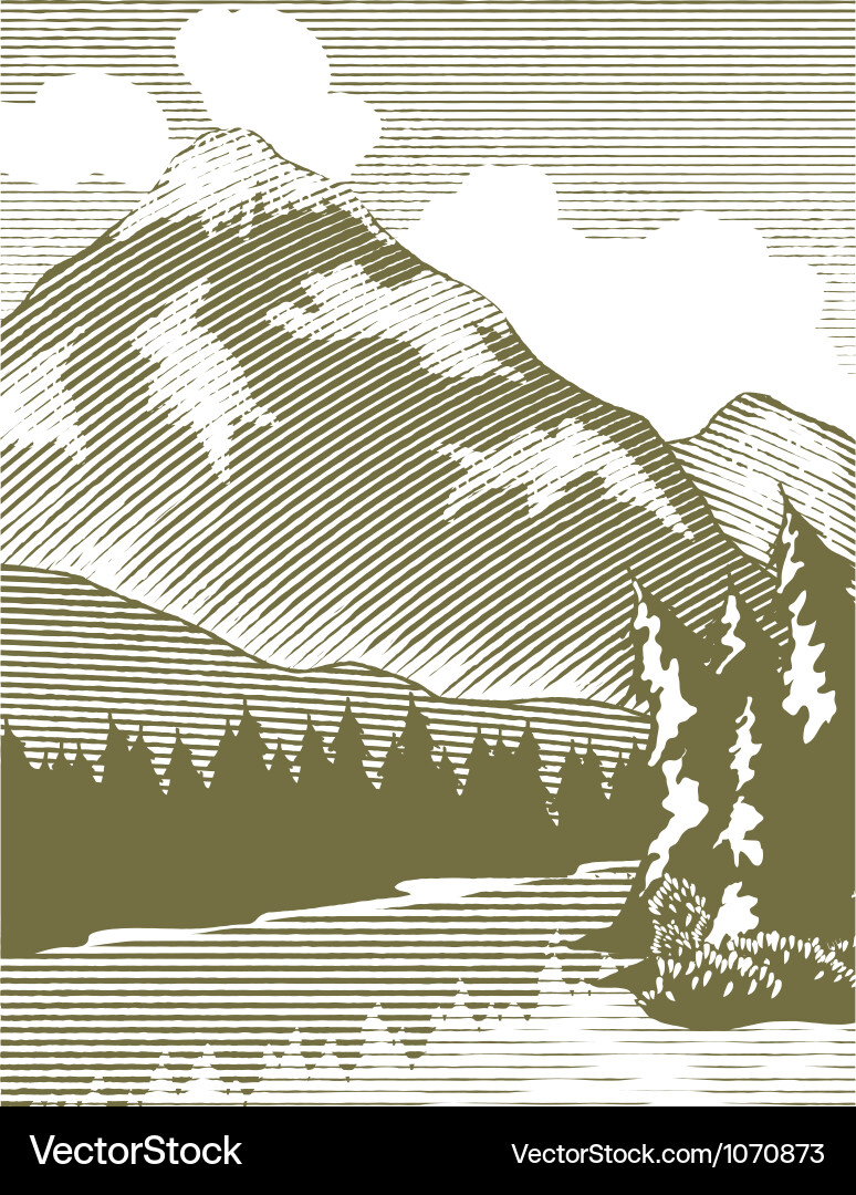 Woodcut wilderness lake Royalty Free Vector Image