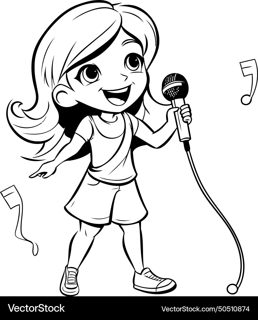 Girl singing with microphone - black and white Vector Image