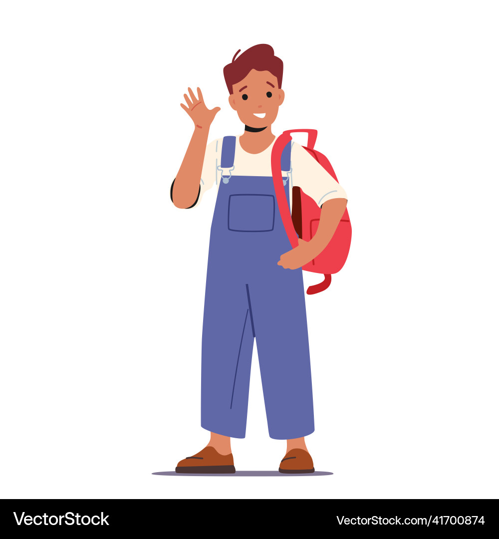 Schoolboy with backpack waving hand isolated Vector Image
