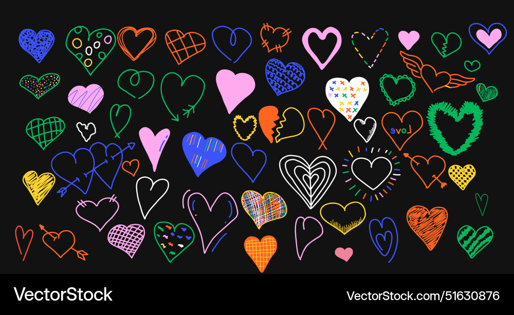Colorful heart doodles set on dark background for Vector Image