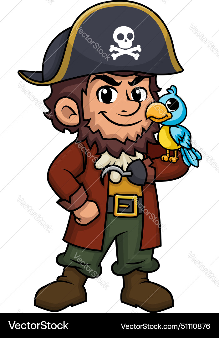 Pirate captain with parrot on his shoulder cartoon