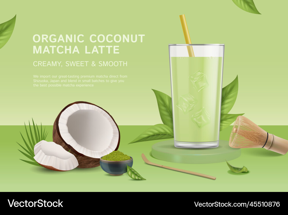 Realistic detailed 3d organic coconut matcha latte
