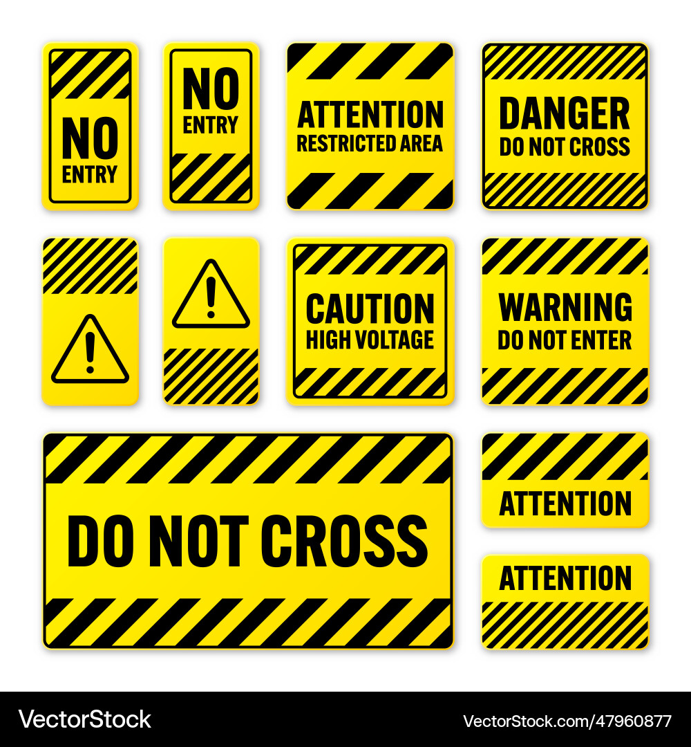 Various black and yellow warning signs Royalty Free Vector