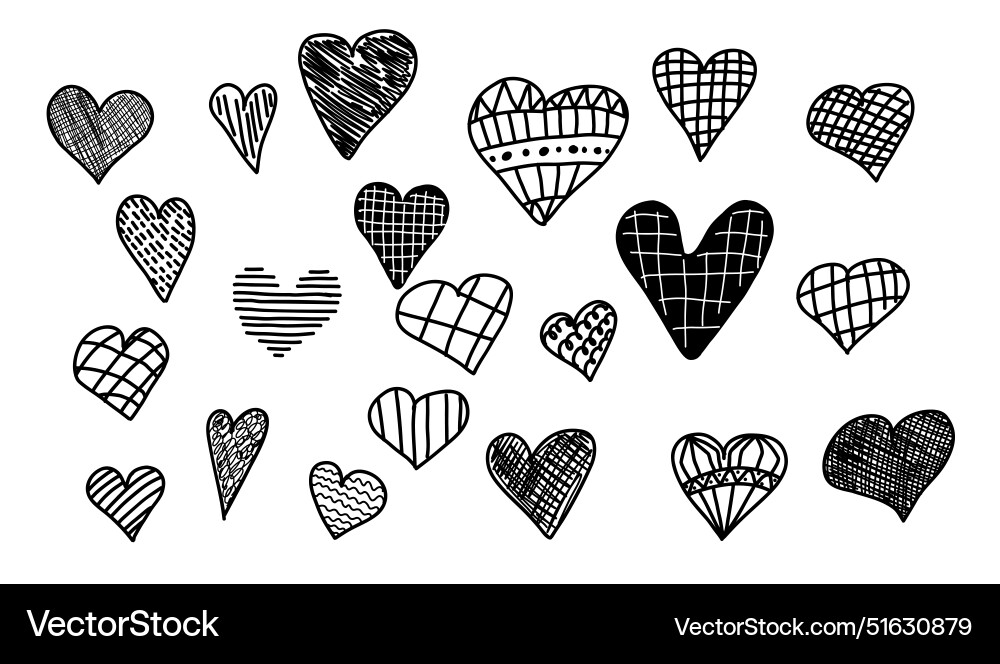 Black and white hand drawn heart doodles Vector Image