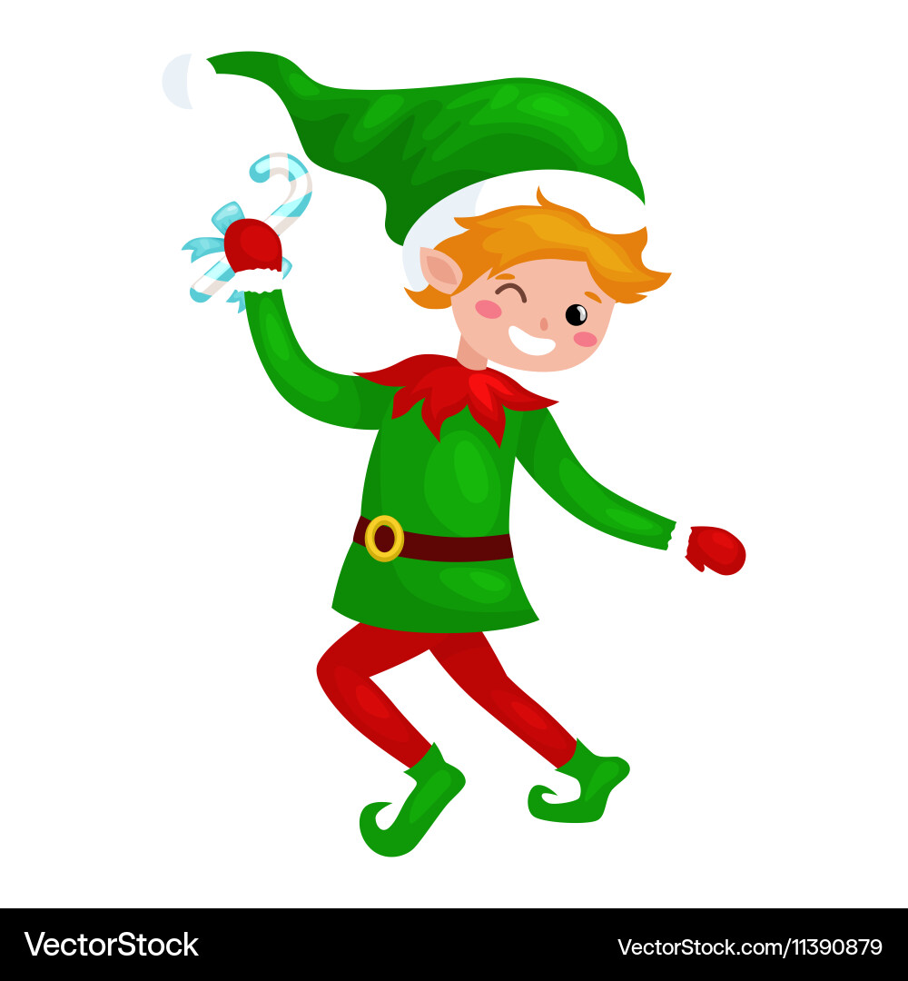 Jumping christmas elf isolated with sweets Vector Image