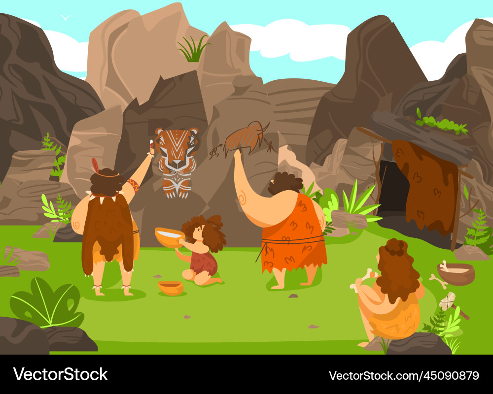 Prehistoric people drawing on rock stone age Vector Image