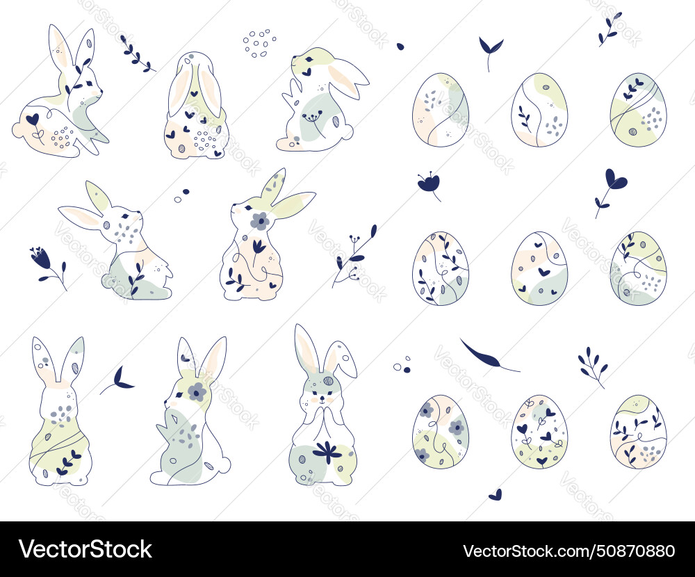 Easter bunny and eggs set Royalty Free Vector Image
