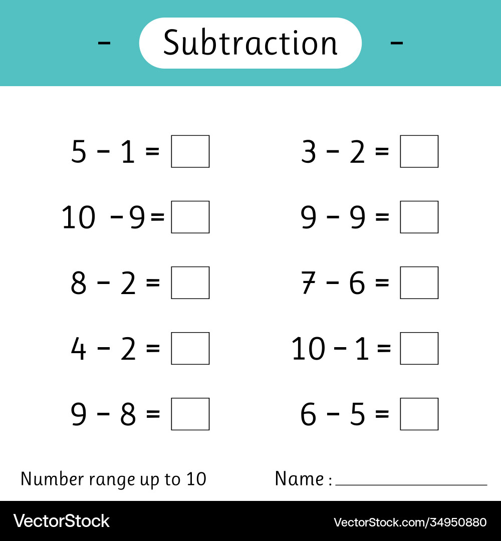 Subtraction number range up to 10 math worksheet Vector Image